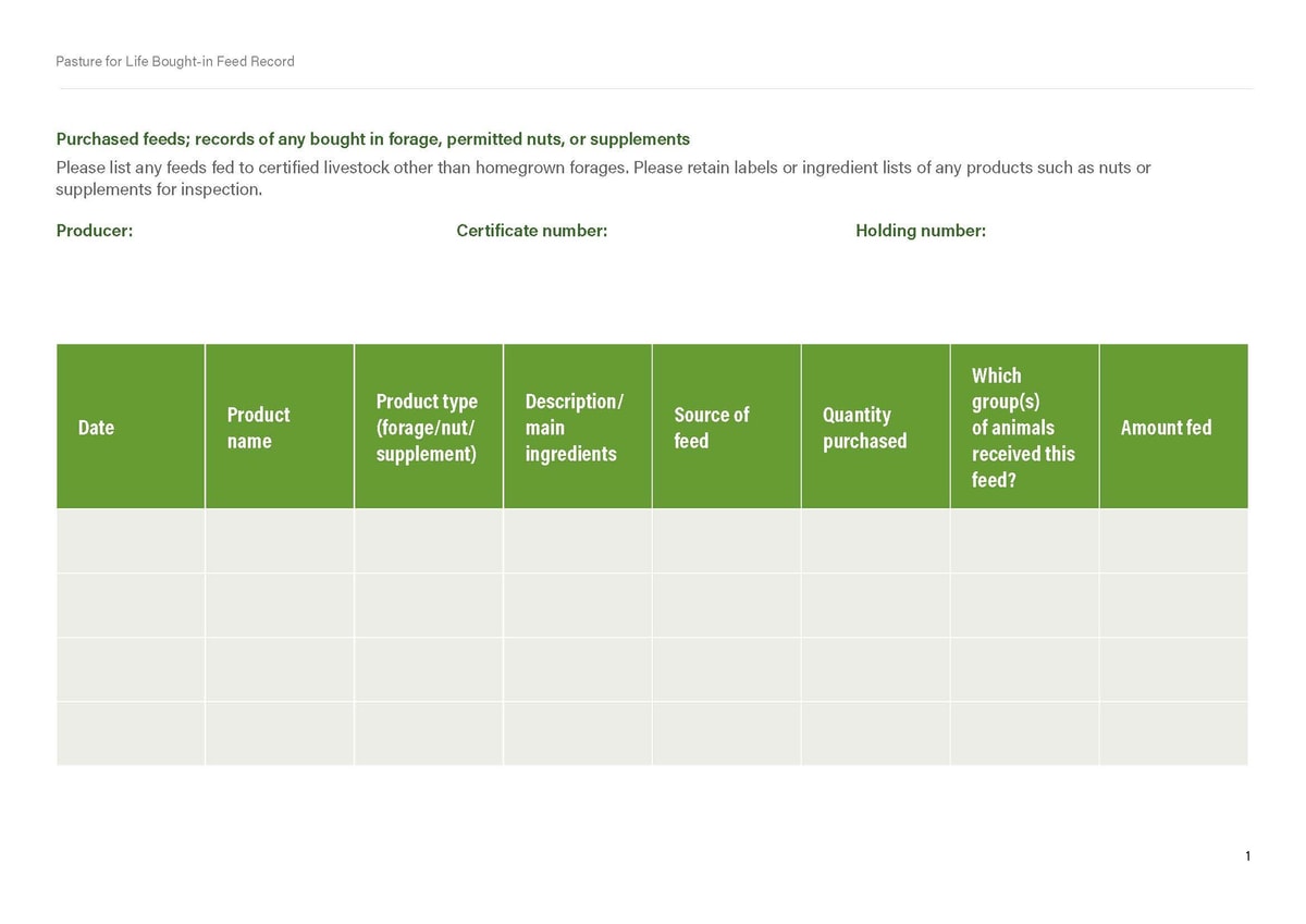 Purchased feeds template for certified farms